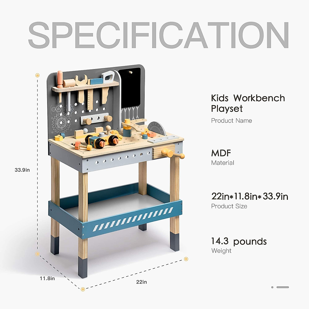 ROBUD Tool Bench Set for Toddlers Wooden Workbench Toy Workshop Construction Tools Bench Creative Pretend Play Toys Education Gift for Kid Boys Girls