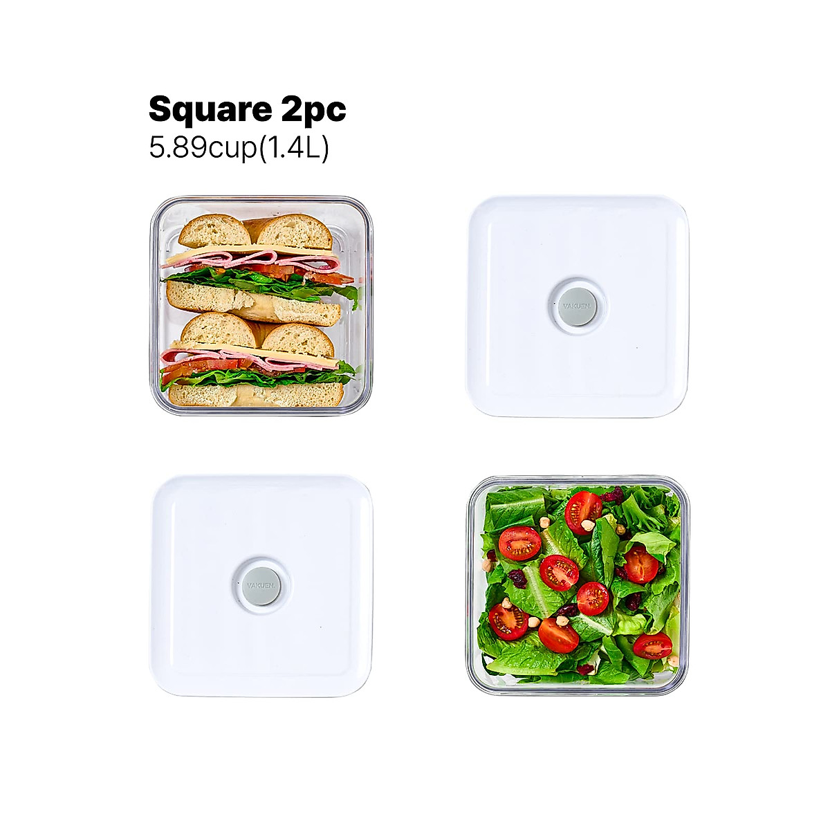 VAKUEN Premium Airtight Food Storage Containers, Square 2PC/Set(1.48qt), Smart One-Click Seal Lid, No Hinges, 100% Leak Proof, BPA-FREE, Dishwasher, Freezer & Microwave Safe