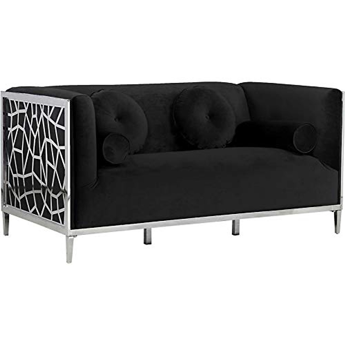 Meridian Furniture Opal Collection Modern | Contemporary Velvet Upholstered Loveseat with Intricate Chrome Stainless Steel Design, Black, 64.5" W x 33.5" D x 30.5" H