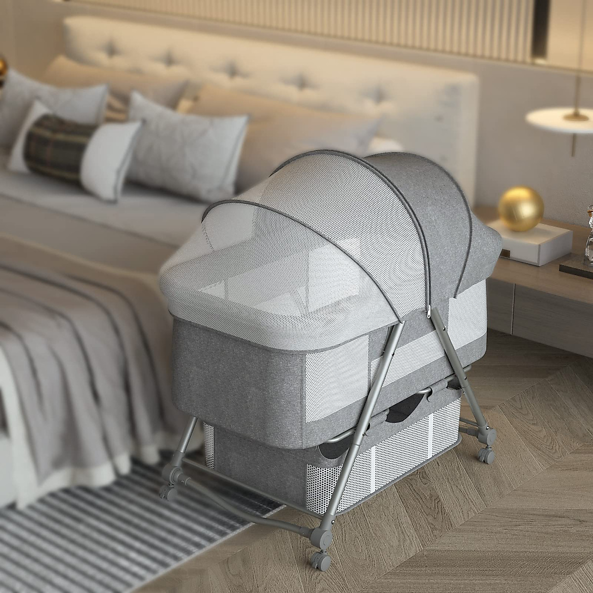 67i Baby Bassinet Portable Folding Rocking Bedside Bassinet Crib for Baby Cosleeper Bassinets Bedside Sleeper on Wheels with Mosquito Nets Newborn Infant Toddler Bassinet with Storage Basket (Grey)