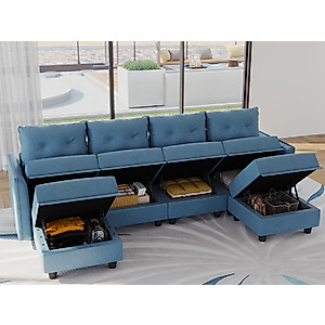 LLappuil Modular Sectional Sofa, Convertible U Shaped Couch with Storage, Faux Leather Fabric Waterproof Sectional Couch for Living Room, 111.8" Width, 6 Seat Modular Sofa, Navy Blue