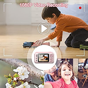 Kids Camera, Kids Digital Camera with Flip Lens, HD Digital Video Cameras for Toddler,Christmas Birthday Gifts and Portable Toy for 3 4 5 6 7 8 9Year Old with 32GB SD Card-Pink