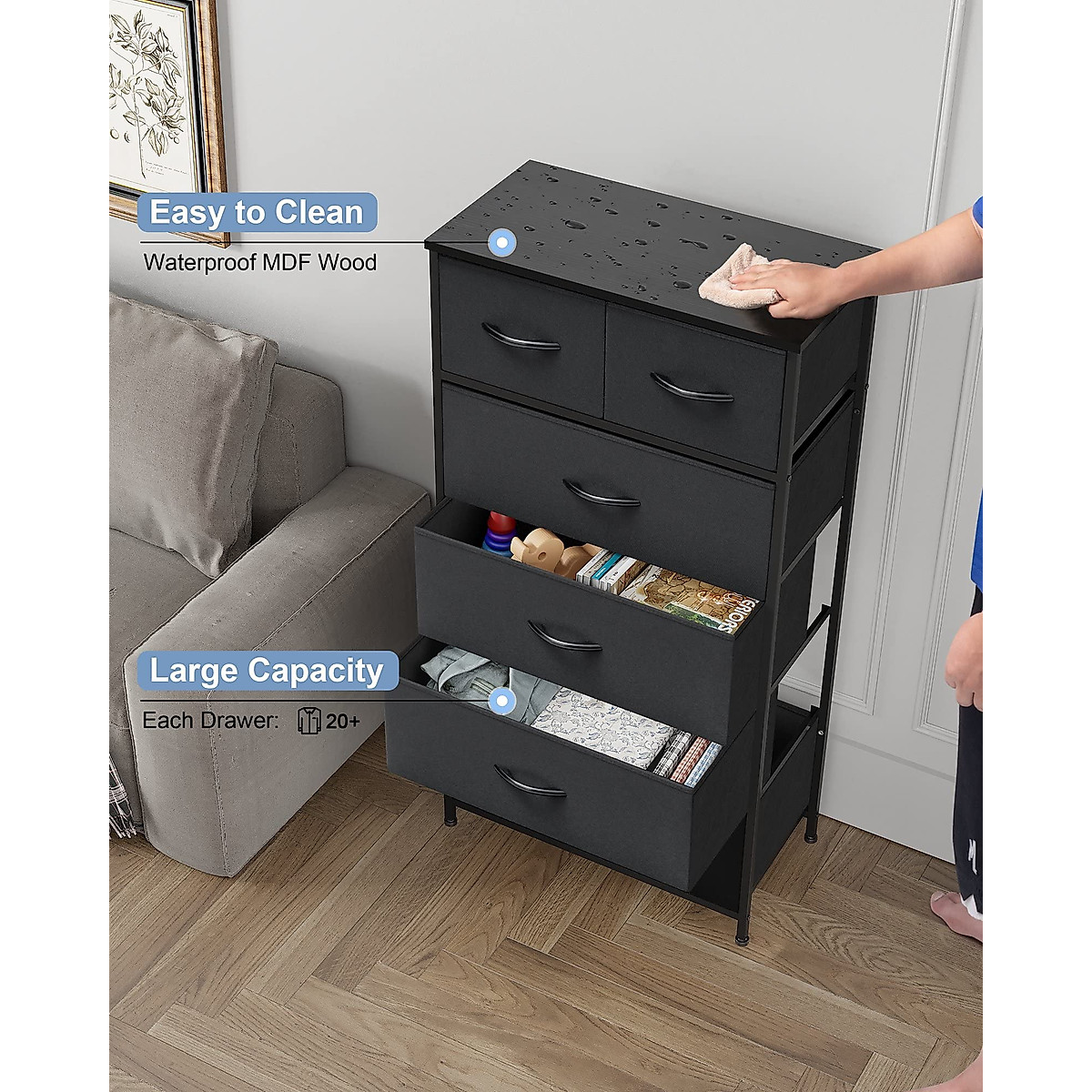 Crestlive Products Vertical Dresser Storage Tower - Sturdy Steel Frame, Wood Top, Easy Pull Fabric Bins - Organizer Unit for Bedroom, Entryway, Closets - 6 Drawers (Black)