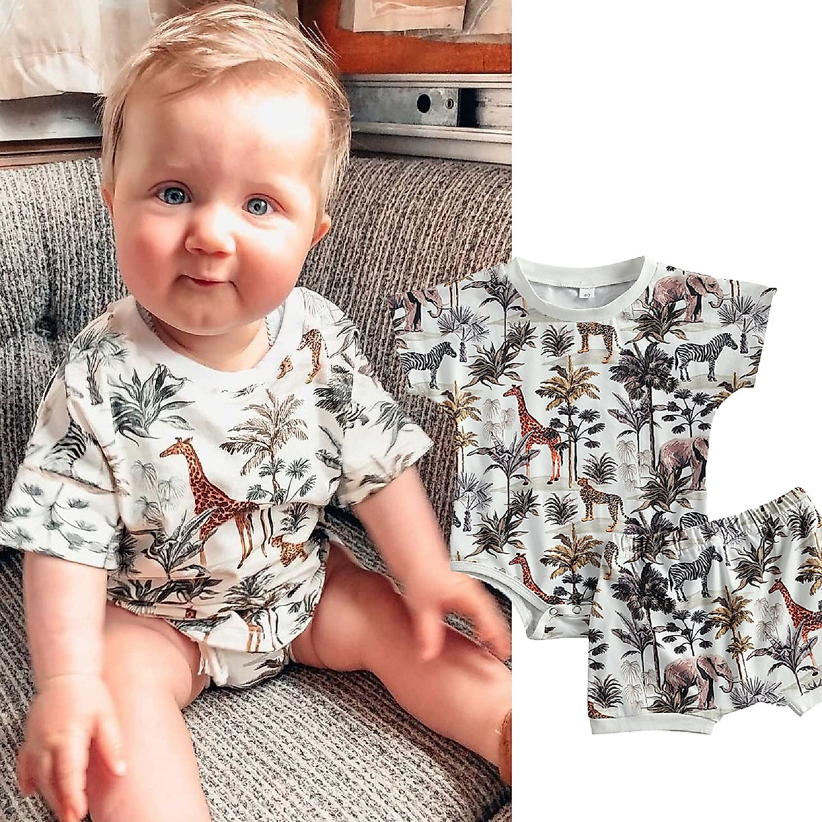 Toddler Baby Boys Summer Clothing Sets Forest Animal Print Romper Short Sleeve Bodysuit Tops and Shorts 2PCS Outfit (White, 12-18M)