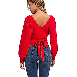 Women Knitted Crop Deep V-Neck Long Sleeve Pullover Cross Wrap Front Loose Sweater