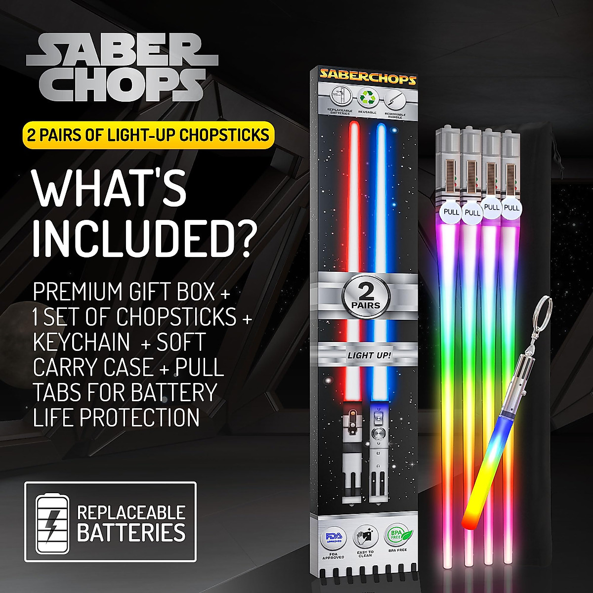 LIGHTSABER CHOPSTICKS LIGHT UP STAR WARS CHOPSTICK LED Glowing Light Saber Chop Sticks REUSABLE Sushi Sabers Cool Fun Geeky STARWARS Chop Stick Set 2 PAIRS | FREE Keychain Soft Carry Pouch | Gift Box