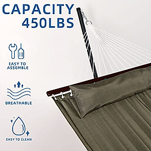 SUNNY GUARD 12.8 FT Hammock with Stand 2 Person Heavy Duty，Quilted Fabric Wood Spreader Bars,Stands & Accessories，for Indoor/Outdoor Patio Dark Green(450 lb Capacity…
