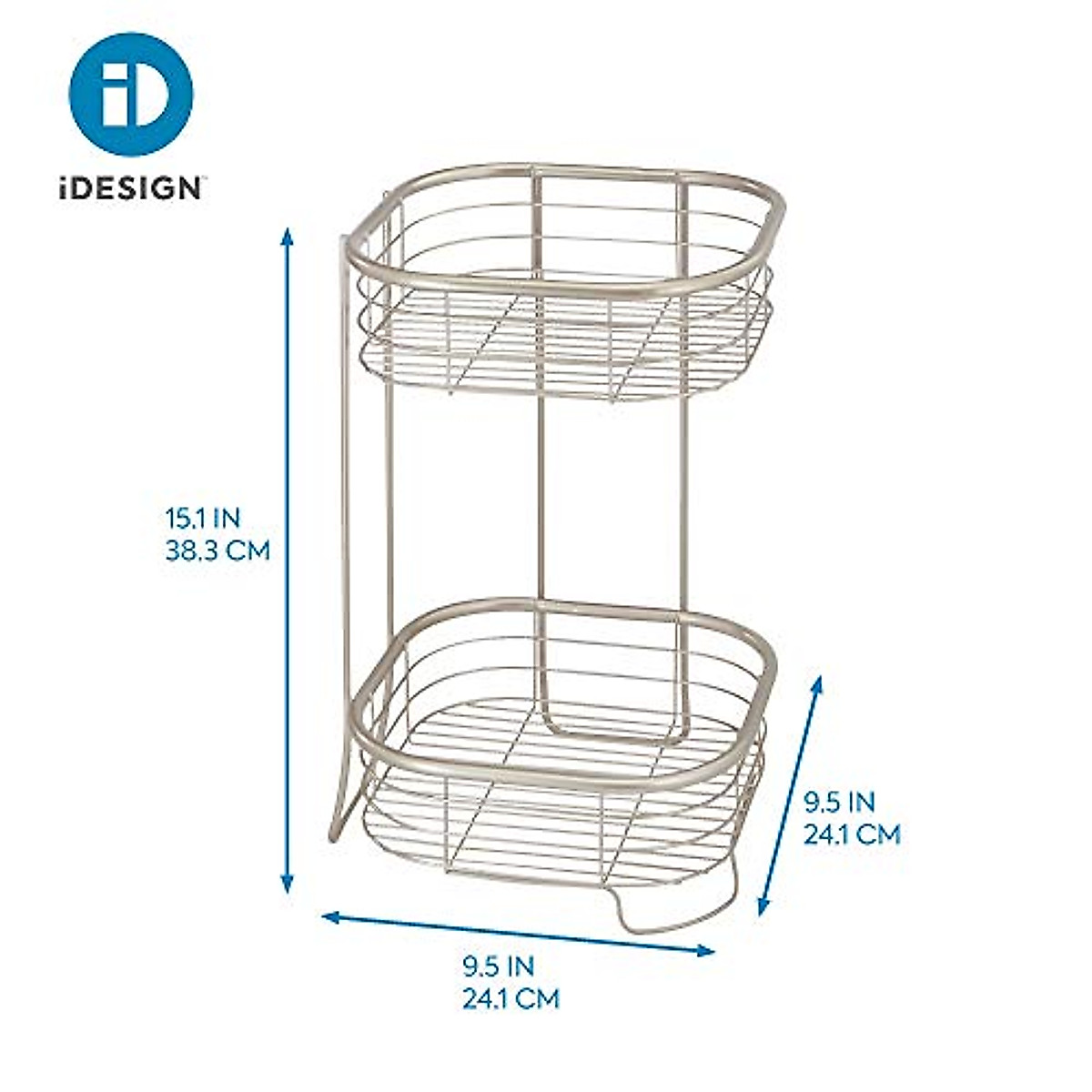 iDesign Forma Metal Wire Corner Standing Shower Tower Caddy, 2-Tier Bath Shelf Baskets for Shampoo, Conditioner, Soap, Accessories, 9.5" x 9.5" x 15.25", Satin Silver