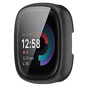 Screen Protector Compatible for Fitbit Versa 4/Sense 2 Watch Case, Tempered Glass Ultra-Thin Full-Coverage Shockproof Bumper (3 Pack A)