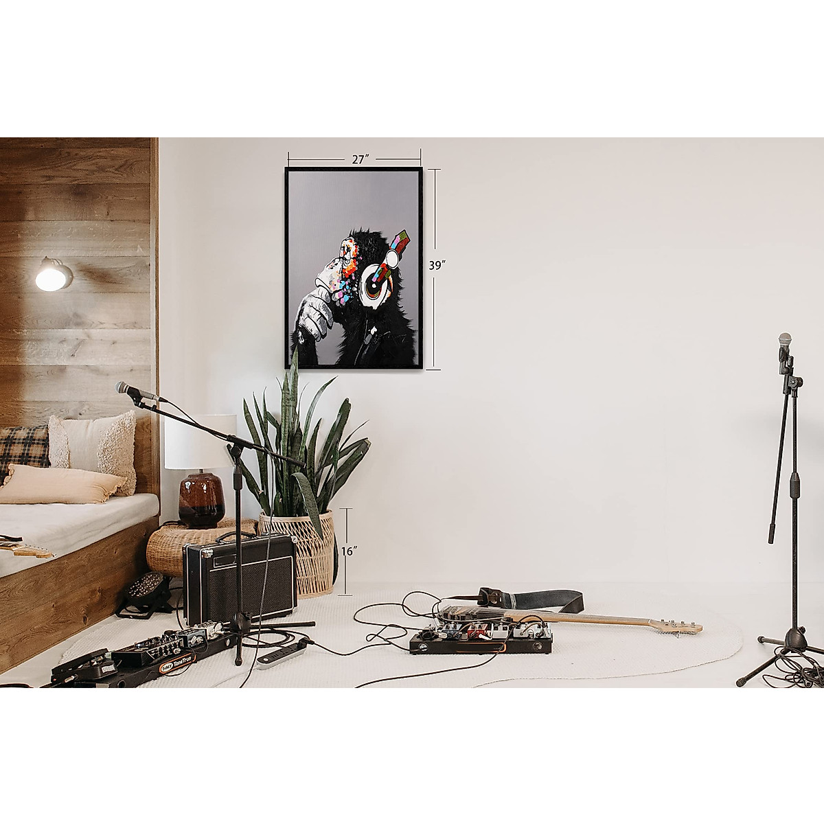 Modern Pop Art Decor - Framed - Thinking Monkey With Headphones Canvas Print Home Decor Wall Art, Gallery Wrap Inner Frame, 24x24