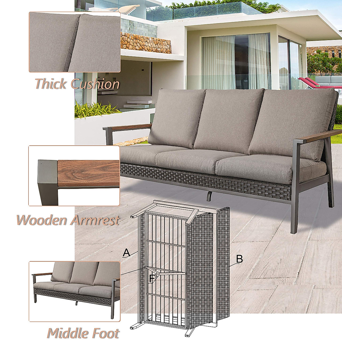 LOKATSE HOME Outdoor Wicker 3-Seat Couch Loveseat Patio Rattan Furniture Bench with Removable Thick Beige Cushions Steel Frame for Garden, Yard, Porch, Gray