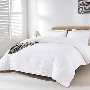 Andency White Twin Size Comforter Set, 2 Pieces Bedding Comforter Sets (1 Seersucker Textured Comforter & 1 Pillowcase), Lightweight Microfiber Down Alternative Bed Set (66x90 inches)