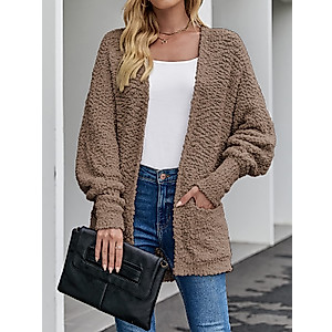 MEROKEETY Women's 2025 Winter Fuzzy Popcorn Batwing Sleeve Cardigan Knit Oversized Sherpa Sweater Coat, Mocha, Small