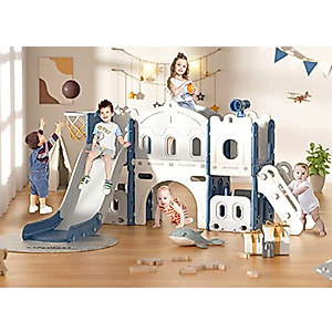 XJD 7 in 1 Toddler Slide Set, Kids Slide for Toddlers Age 1+, Toddler Climber Slide PlaySet with Basketball Hoop and Ball,Outdoor Indoor Playground for Toddlers 1-3 (Blue)