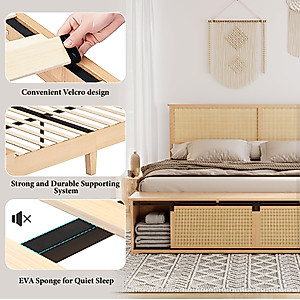 GarveeHome Natural Rattan Full Size Bed Frame with Sliding Barn Door Storage Cabinets and Headboard, Boho Farmhouse Wood Platform Bed with Solid Wood Legs Support, No Box Spring Needed