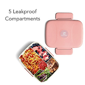 Fenrici Bento Lunch Box For Girls & Teens, Made with Plastic-Free Wheat Straw, Utensils Included, 5 Compartments, Best Lunch Box, BPA-Free Bento, Microwave and Dishwasher Safe, Pink