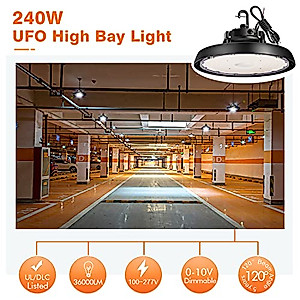 PATHBREAKER LED High Bay Light 240W UL& DLC Listed UFO High Bay LED Light 36000LM 0-10V Dimmable 6'Cable&Plug Commercial Grade Pole Barn Warehouse Garage Shop Light 5000K 10PACK
