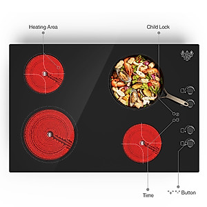 Electric Cooktop 30 Inch, Electric Stove Top 4 Burner 7200W, POTFYA Build-In Electric Ceramic Cooktop for Cooking, 220-240V, Knob Control,No Plug,Suitable for all Pans