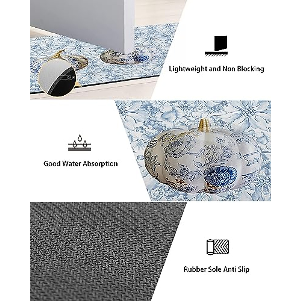 Thanksgiving Bath Mat for Tub,Non Slip Bathroom Floor Runner Rug Quick Dry & Absorbent Diatomaceous Earth Shower Sink Kitchen Washable Doormat,Blue Pumpkins Autumn Oil Painted Tile Flower 16"x47"