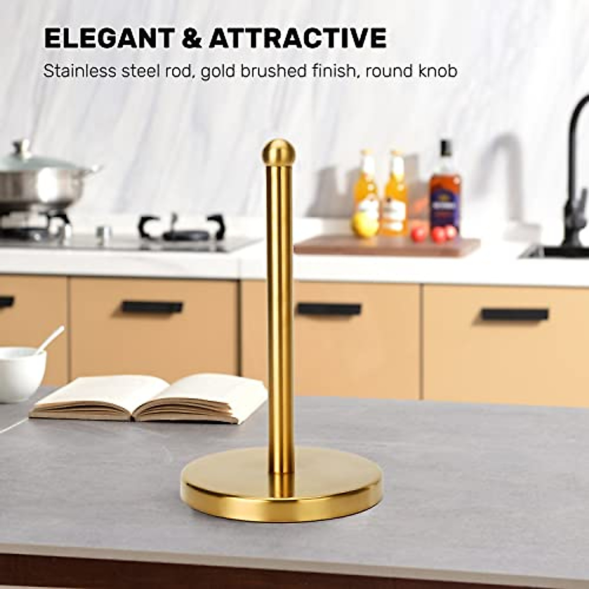 Paper Towel Holder Stand with Sturdy Base Fits Standard and Jumbo Sized Paper Towel, Paper Towel Holder Countertop (Gold)