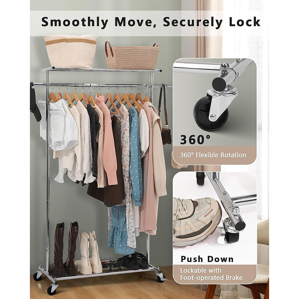 HOUSE AGAIN Clothes Rack on Wheels with Extra Top Storage Shelf, LARGE Rolling Garment Rack for Hanging Clothes, Heavy-duty Metal Clothing Rack Organizer for Bedroom, Living Room -Silver