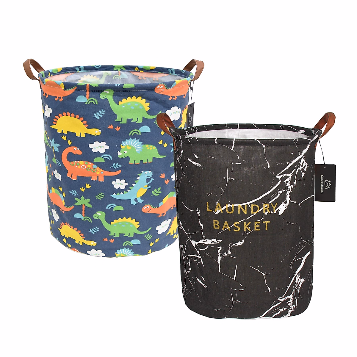 Collapsible Laundry Basket,GodenMoninG 2X 62.8L Large Sized Round Waterproof Storage Bin with Leather Handles,Toy Organizer,Children Nursery Hamper.（2 PACKS，Black Marbling & Blue Dinosaurs）