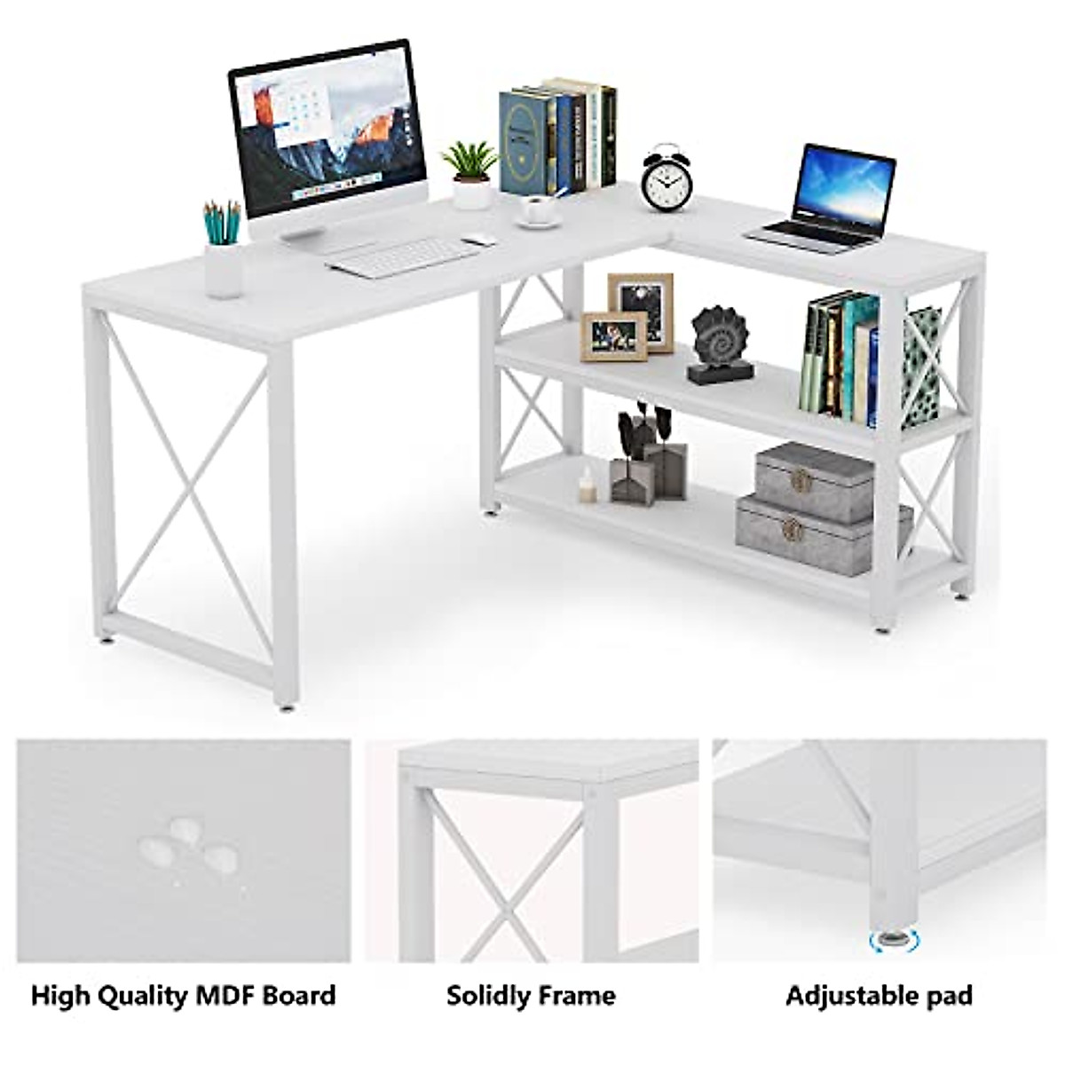Tribesigns Reversible Industrial L-Shaped Desk with Storage Shelves, Corner Computer Desk PC Laptop Study Table Workstation for Home Office Small Space (White, 53")