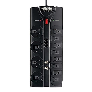 Tripp Lite TLP1208TELTV 12 Outlet Surge Protector Power Strip, 8ft Cord, Right-Angle Plug, Tel/Modem/Coax Protection, RJ11, & Dollar 150,000 Insurance Black