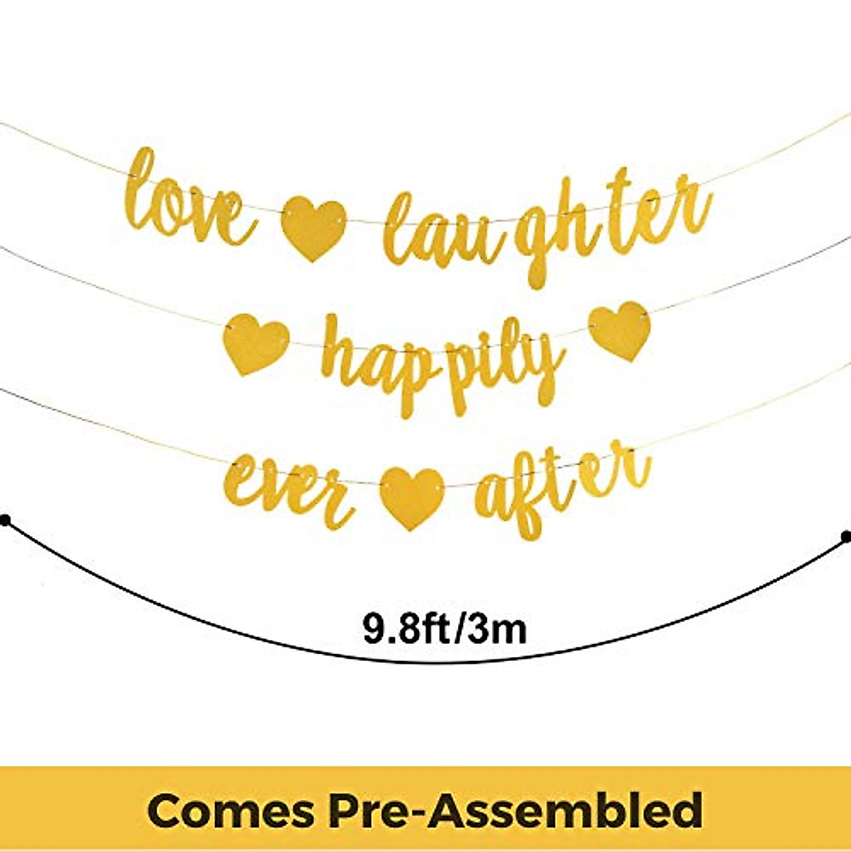 3Pcs Gold Glitter Love Laughter and Happily Ever After Banner - Engagement Party Decorations - Wedding Shower Decorations, Bridal Shower Decor, Wedding Banner & Bachelorette Party Signs (Pre-Strung)