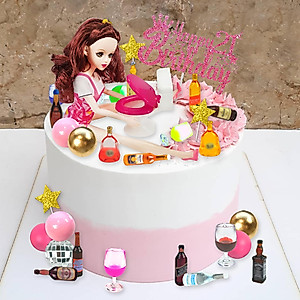 Mini Wine Bottles Cake Toppers With 12 Mini Wine Bottles 5 Mini Wine Glasses 1 Toilet Toy 1 Beauty Doll 21st Birthday Cake Topper for Celebrating Birthday 21st Girl Party (Brown)
