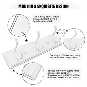 Wooden Wall Mount Coat Rack, Mounted Organizer for Closet, Bathroom, Bedroom, Entryway, Hallway, Foyer, Heavy Duty Double Hooks Hanging Towels, Hats, Bags, Backpacks, Jackets, Keys (White, 3 Hooks)