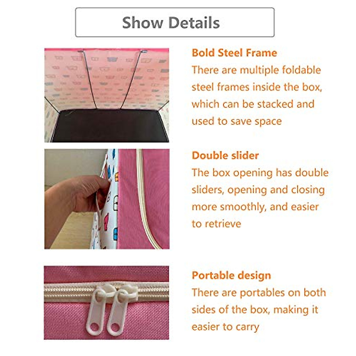66L Foldable Storage Box, Large Capacity Cothing Storage Box with Steel Frame Support, Quilt Storage Bag, Stackable Container Clothing Storage Box with Transparent Window and Carry Handles