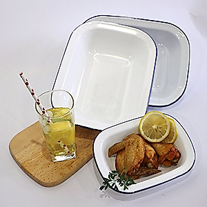 Webake Enamelware Roasting Pan 3 Pack Enameled Steel Oblong Pie Pan Pie Dish Roaster Pan Food Containers, Solid White with Blue Rim