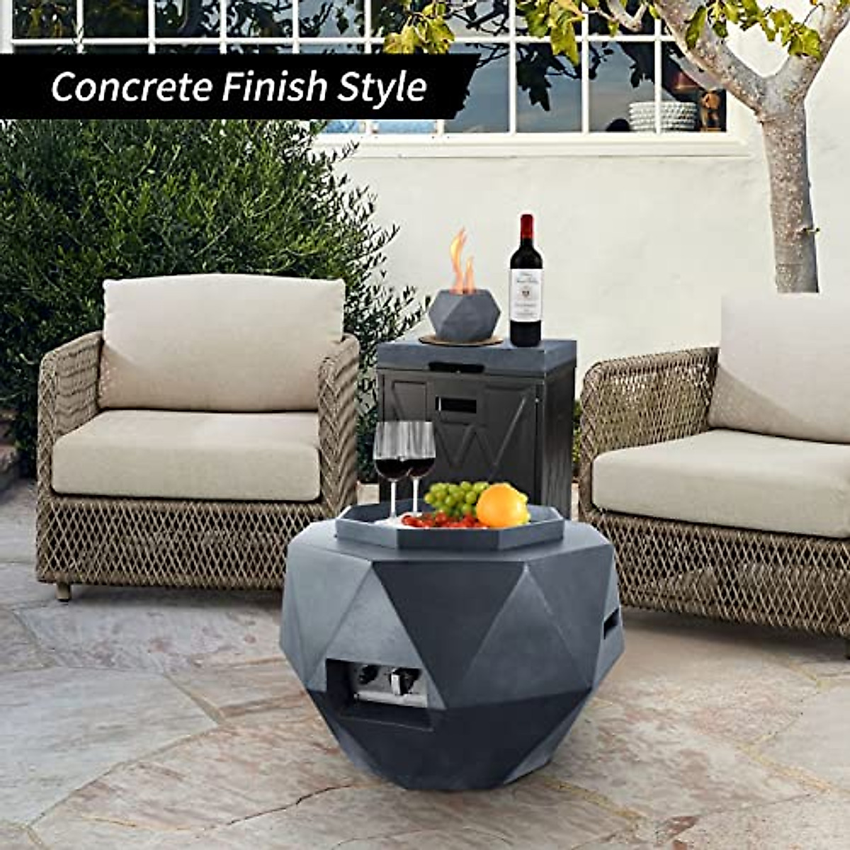Kante 25" Concrete Propane Fire Pit Table with Assemble Tank Cover, 50,000 BTU Geometric Fire Pit with Tray Style Lid, Lava Rock, Charcoal (A-GF002-60121-SB01)