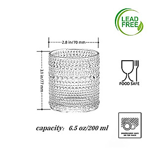 cosnou Mini Rock Glasses, 6.5 oz（200ml） Hobnail Drinking Glasses Set 6, Embossed Vintage Glassware Set for Beer, Cocktail, Soda, Beverage Clear