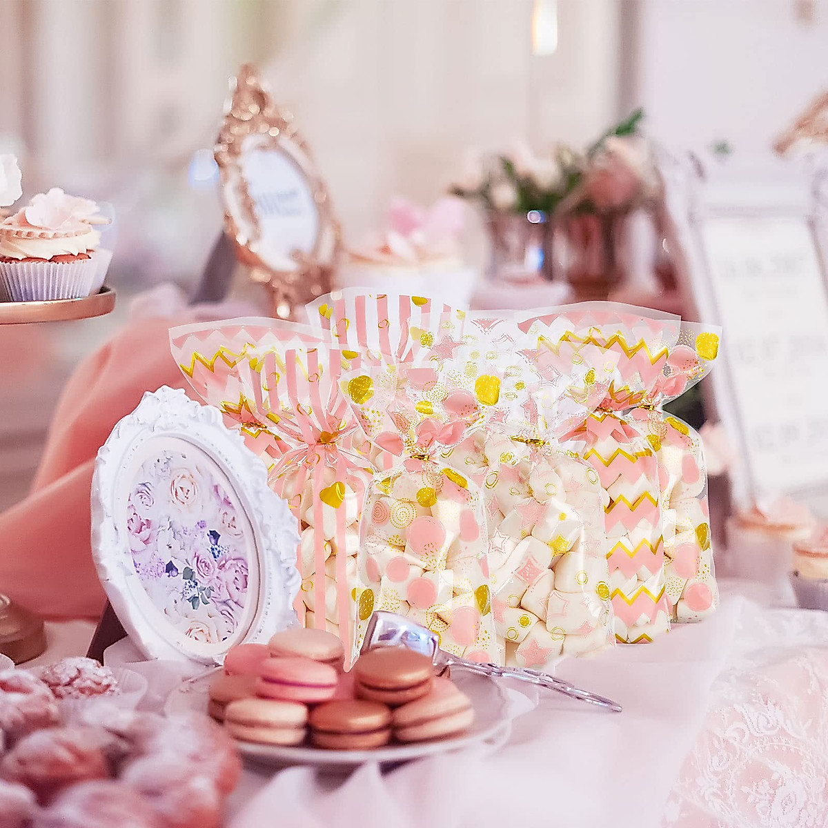 Whaline 120 Pack Valentine's Day Cellophane Bags with Twist Ties Wedding Cello Bags Pink Gold Goodie Treat Bags Dots Stripes Stars Hearts Candy Bags for Baby Shower Birthday Valentines Party Supplies