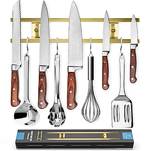 Zulay (12 Inch) Stainless Steel Magnetic Knife Holder For Wall - Powerful Knife Magnetic Strip With Extra Hanging Hooks - Wall Mount Magnetic Knife Strip & Organizer For Kitchen & Tools (Gold)