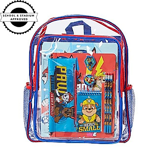 Large Clear Backpack for Kids with School Supplies Set, 16 inch Stadium Approved Transparent Bag, Red and Blue