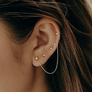 BRAYEG Gold Chain Earrings Double Piercing 3mm Cubic Zirconia 7cm Long Chain Double Stud Earrings Hypoallergenic Jewelry Gift for Women