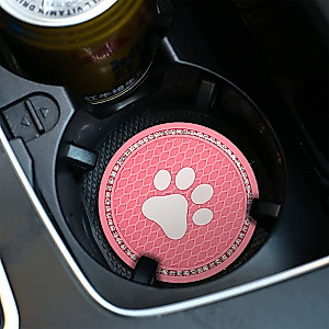 2PCS Universal Bling Car Cup Coaster, Rhinestone Car Accessories, 2.75 inch Dog Paw Car Cup Holder Insert Mat Pad Set,Suitable for Most Car Interior (Dark Pink)