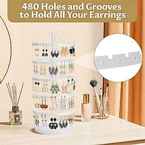 LASZOLA 5 Tiers Metal Earring Holder Organizer, Stable Rotating Jewelry Display Stand for Women Girls, 400 Holes and Grooves Earring Spin Table Rack Tower Tree for Necklace Bracelet Ring - White