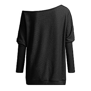 Blouse for Women THENLIAN Women Off Shoulder Sweatshirt Long Sleeve Pullover Casual Tunic Tops Blouse (Black, XL)