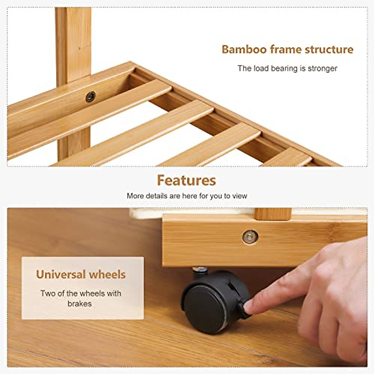 Homde Laundry Basket 3 Tier Bamboo Storage Shelf with Wheels Removable Storage Basket with Handle Freestanding Clothes Hamper Organizer for Bathroom Living Room Bedroom