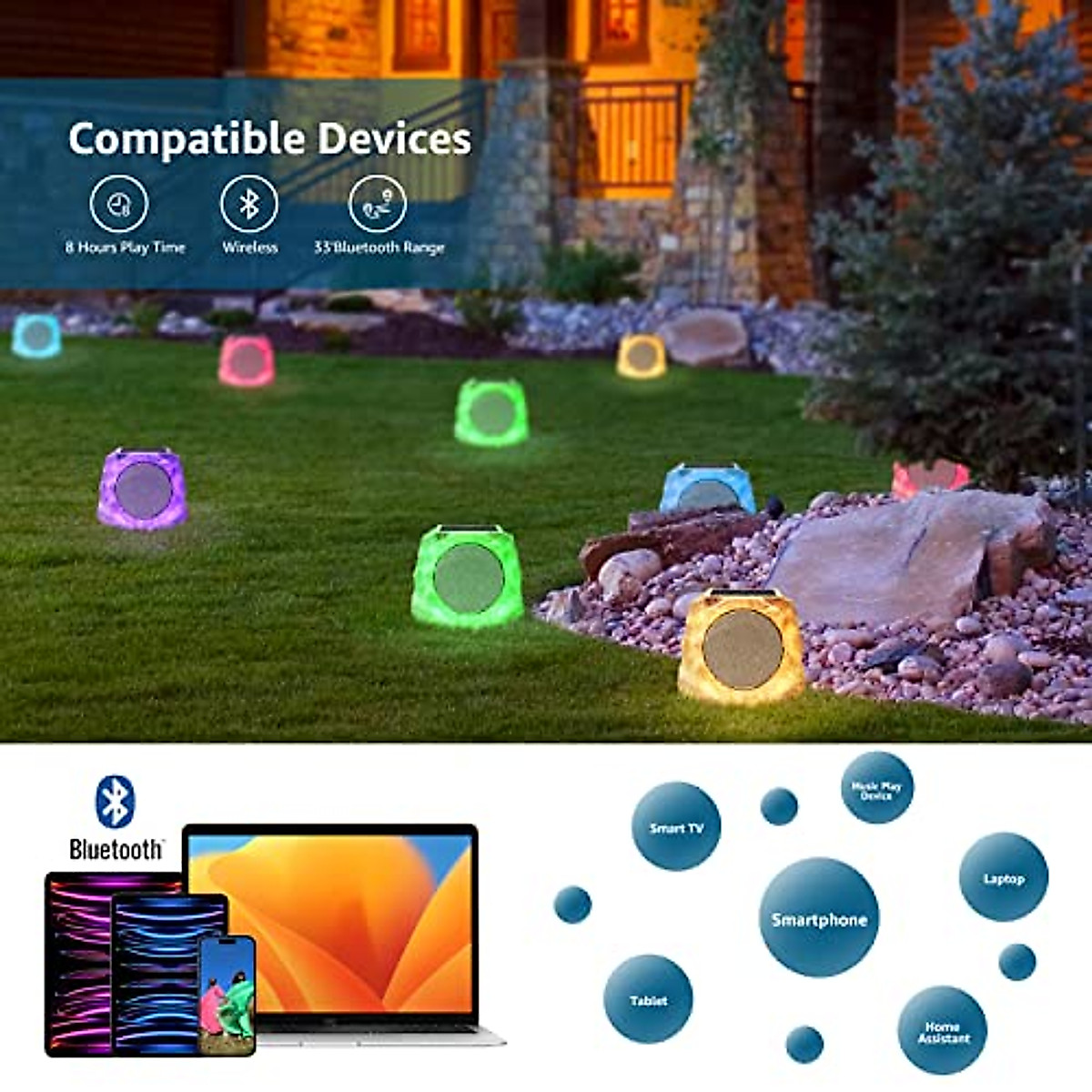 Outdoor Rock Speaker Solar-Powered Wireless Bluetooth 5.0 Speaker Waterproof with RGB Color Multi-Unit Connect Outdoor Speakers for Patio Pool Deck Yard Garden and Home - Pair