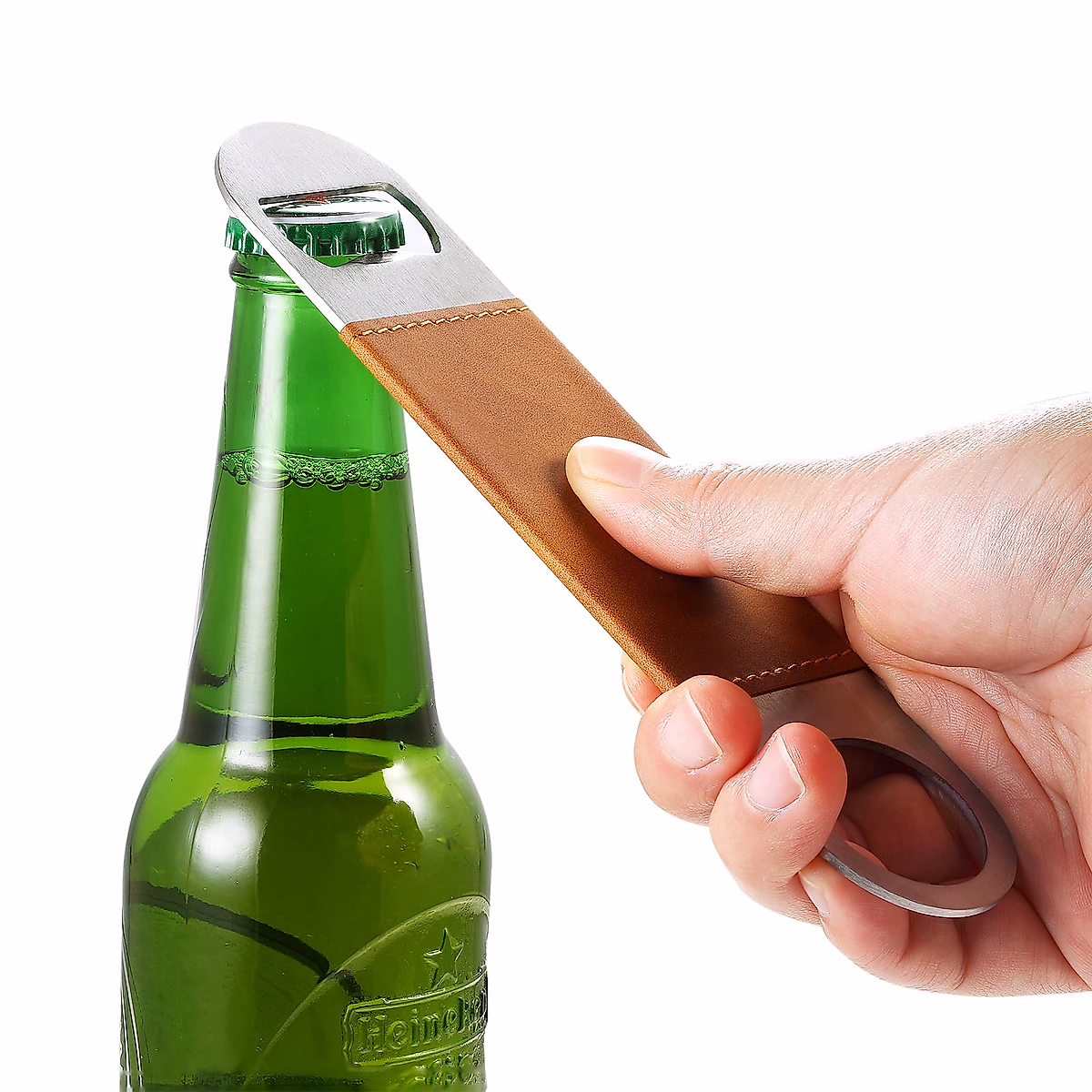 Heavy Duty Stainless Steel Flat Bottle Opener, Bartender Beer Opener with Leather Handle, 7 inches, Solid and Durable for Kitchen, Bar or Restaurant HANCELANT