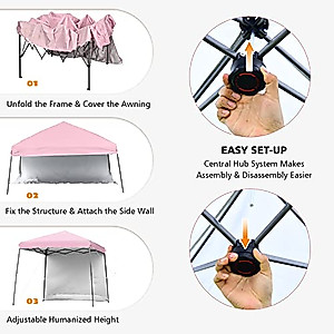Tangkula 10x10 ft Pop up Canopy Tent, 1 Person Set-up Instant Shelter with Central Lock, Compact Portable Canopy with Roll-up Side Wall, Roller Bag, Stakes & Wind Ropes (Pink)