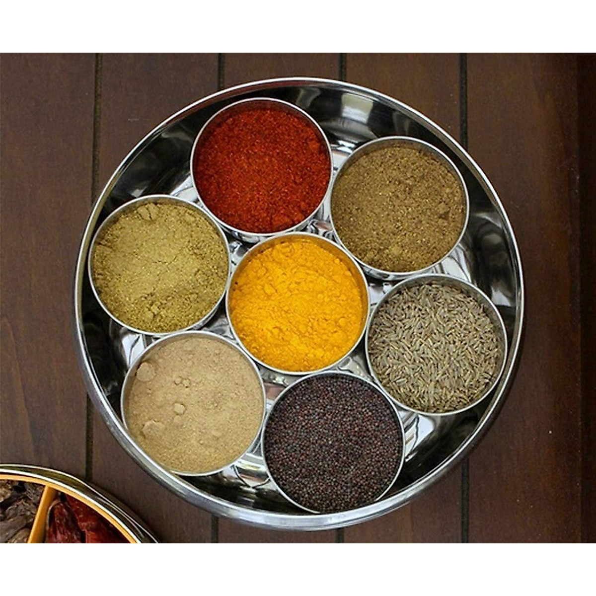 ARTISENIA Stainless Steel Spice Container Masala Box 7 Containers and 2 Small Spoon Masala Box Indian Masala Dabba - 7.5 Inch Diameter