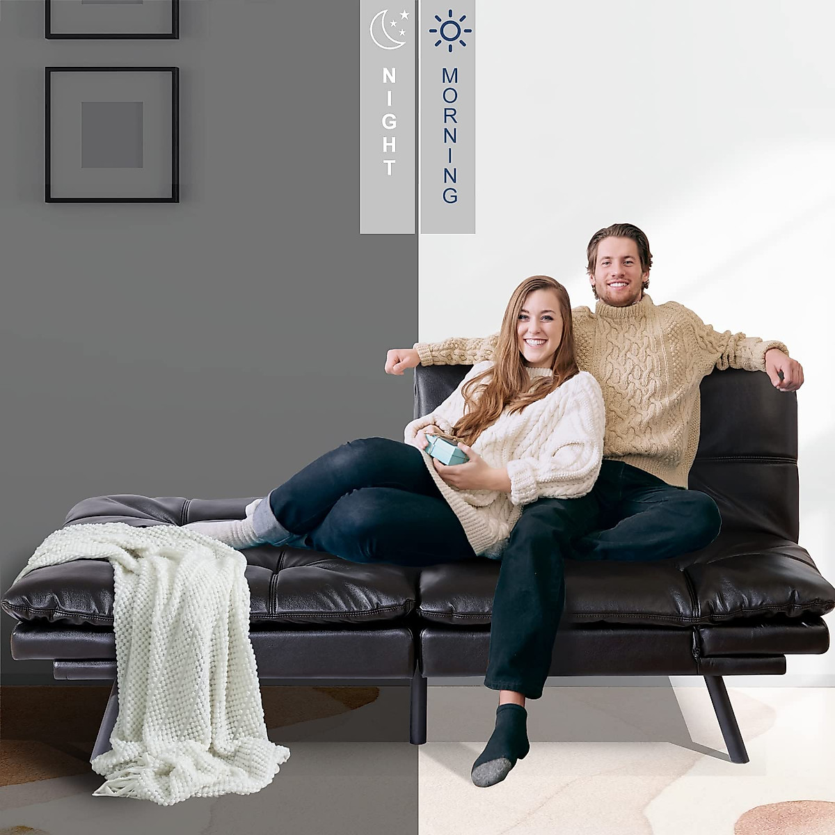 QAIIOO Futon Couch Modern Convertible Memory Foam, Faux Leather Loveseat Folding Sleeper Sofa Bed, Apartment, Dorm, Bonus Room, 71" D x 33" W x 31.5" H, Black new