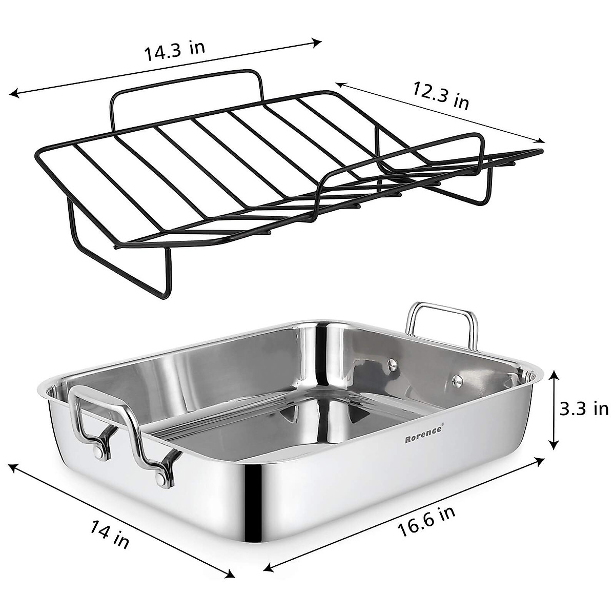 Rorence Roasting Pan with Rack: 16-Inch Stainless Steel Rectangular Turkey Roaster pan with Nonstick V-Shaped Rack for Thanksgiving Christmas – Set of 5