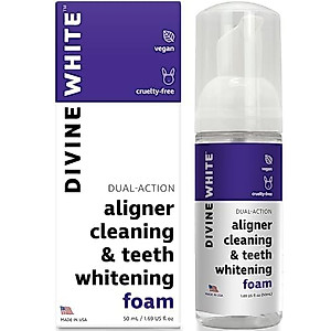 Divine White Dual-Action Stain Removal Aligner/retainer Cleaner and Teeth Whitening Foam- Hydrogen Peroxide-Good for Invisalign, ClearCorrect, SmileDirectClub, Candid -Oral Care-Toothpaste Replacement